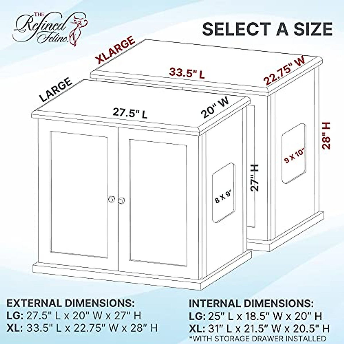 THE REFINED FELINE Cat Litter Box Enclosure Cabinet, Cottage, Mahogany Brown, Adjustable Levelers, Large, Hidden Litter Cat Furniture with Drawer