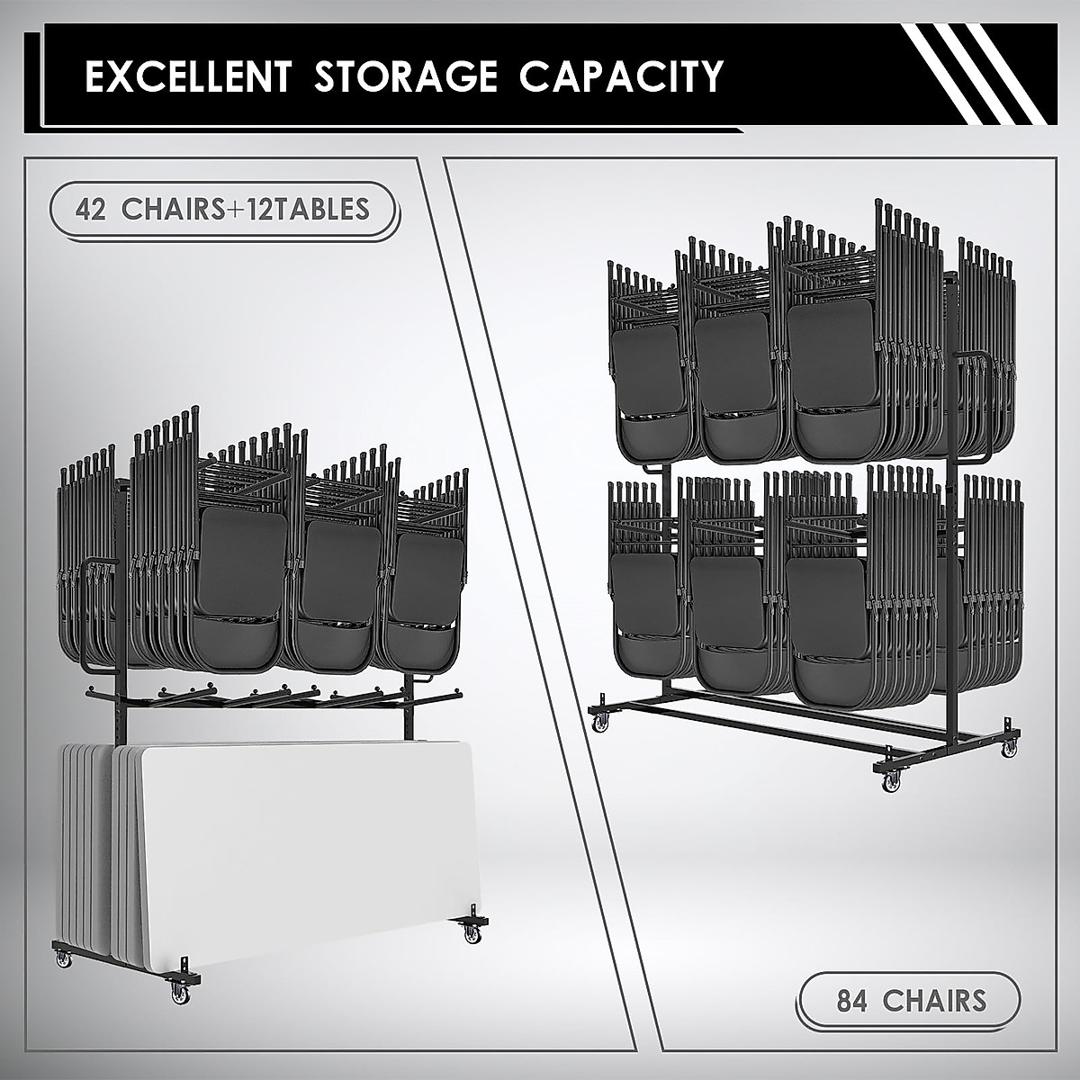 Folding Table and Chair Cart,Two Tier Folding Chair and Table Storage Rack with 800LBS Capacity for 84 Folding Chairs Heavy Metal Folding Chair Holder Rack with Rubber Locking Wheels,Straps and Cover