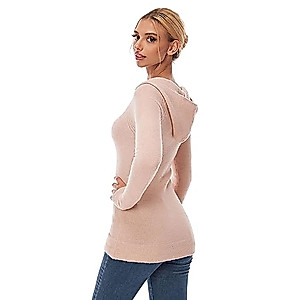 AmélieBoutik Women Hooded V Neck Raglan Long Sleeve Sweater Knit Top (Pink X-Large)