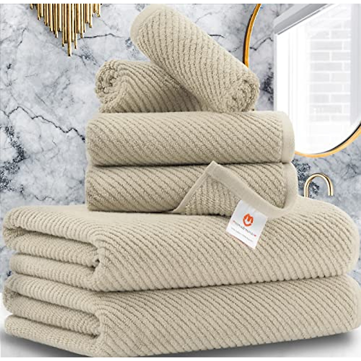 VOOVA & MOVAS Towels for Bathroom,6 Pieces Gift Set,100% Cotton | Large | Soft | Quick Dry, 2 Bath Towels 30×56inch, 2 Hand Towels 18×28, 2 Wash Cloths 13×13,Dorm Room Essentials, Light Tan | Beige