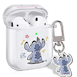 Cute Stitch Case for AirPods 1&2 Clear with Kawaii Keychain for Women Girls Kids Lovely Anime Dog Design Protective Skin Slim Soft Silicone TPU Airpod Cover for AirPods 2nd &1st Generation