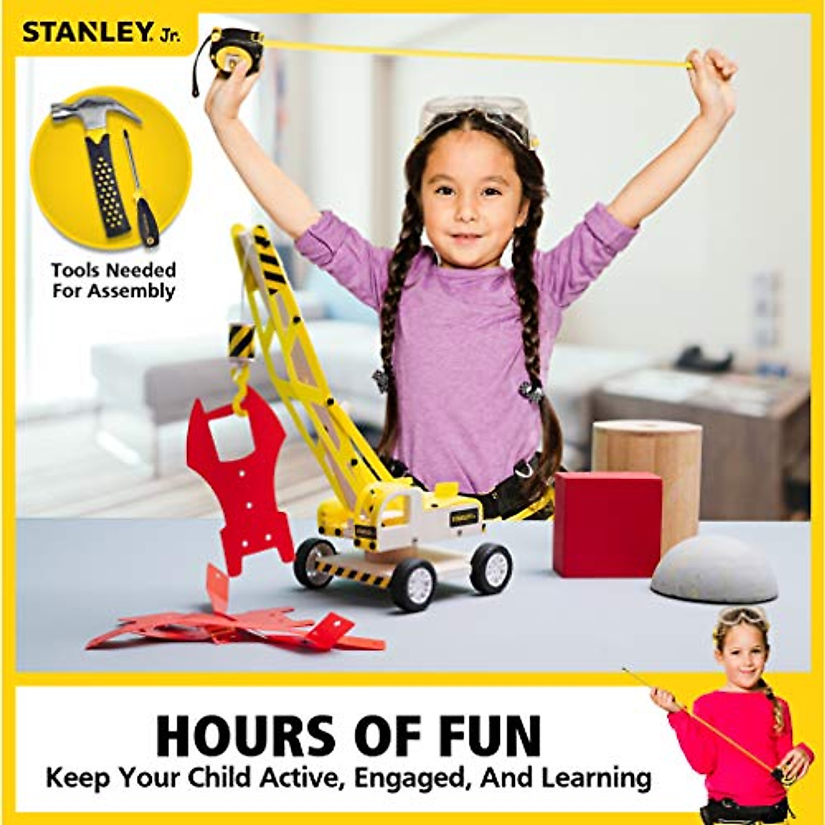 Stanley Jr. STANLEY Jr DIY Yellow Lifting Crane Kit for Kids - Easy Assembly Crane Building Kit - Wood Crane Toy Craft - Wood, Paint & Decals Included