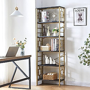 HOMISSUE Bookcase,6-Tier Tall Bookshelf Metal Bookcase and Bookshelves, Free Standing Storage Modern Bookshelf for Home Office Living Room and Bedroom, Black & Gold