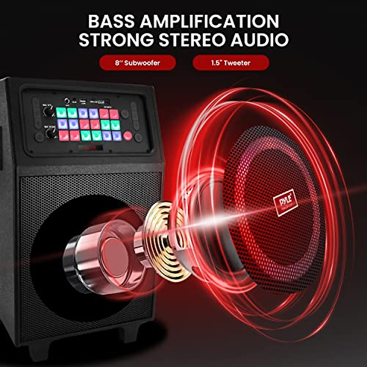 Pyle Portable Karaoke PA Speaker System - 600W 8” Rechargeable BT Speaker, TWS, Party Lights, LED Display, FM/AUX/MP3/USB/SD, Wheels - Wireless Mic, Remote Control, Tablet Holder Included - PHP18DJT