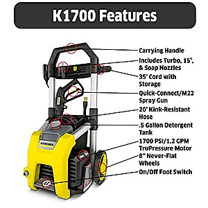 Karcher K1700 1700 PSI 1.2 GPM TruPressure Electric Pressure Washer - 2125 Max PSI Power Washer with 3 Nozzles for Cleaning Cars, Siding, Driveways, Fencing, & More