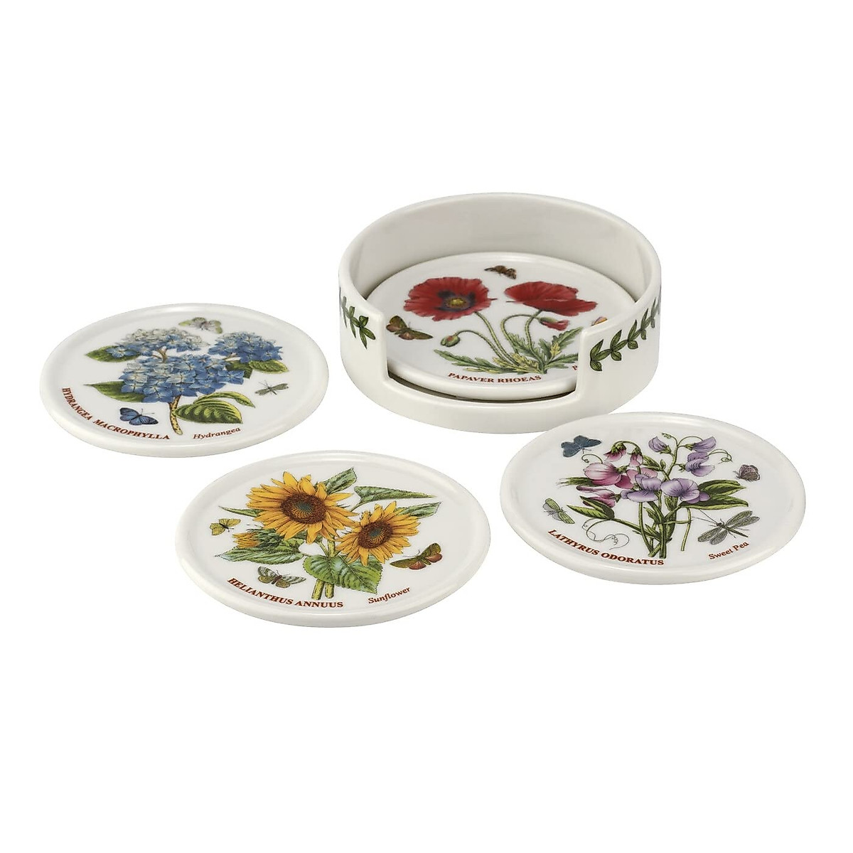 Portmeirion Botanic Garden 3.75 Ceramic Coasters with Holder- Set of 4 | Assorted Floral Motifs | Porcelain | Dishwasher safe, Microwave safe, Freezer safe