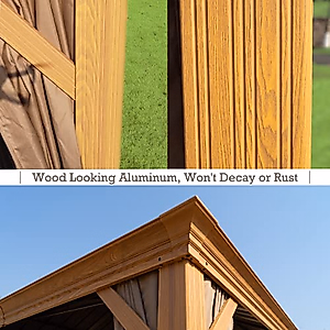 Apollo Wood Look Aluminum Hardtop Gazebo with Galvanized Steel Roof and Mosquito Net (12ft x 20ft)