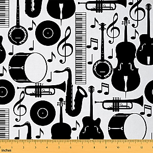 Music Fabric by The Yard, Guitar Upholstery Fabric, Musical Note Decorative Fabric, Rock Instrument Indoor Outdoor Fabric, Key Cello Record Drum Tuba DIY Art Waterproof Fabric, Black White, 1 Yard