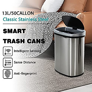 PayLessHere 13 Gallon / 50 Liter Trash Can Stainless Steel Touchless Trash Bin Oval Shape Office Waste Bin for Kitchen Bathroom Bedroom Living Room with Lid Powered by Batteries (not Included)