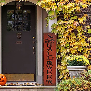 Haunted Hill Farm 45-in. Happy Halloween Porch Leaner Sign with LED Lights, Battery Operated, Festive Holiday Decor, Jack-O-Lantern, Bats in Orange & Black