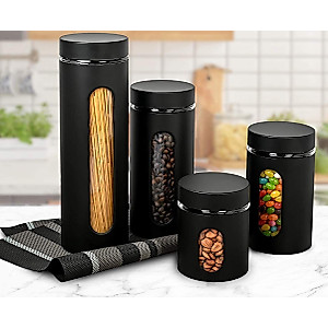 GADGETWIZ Canister Sets for Kitchen Counter - Matte Black Kitchen Decor and Accessories - Glass Canisters Sets for the Kitchen - Sugar Containers for Countertop - Kitchen Canisters Set of 4