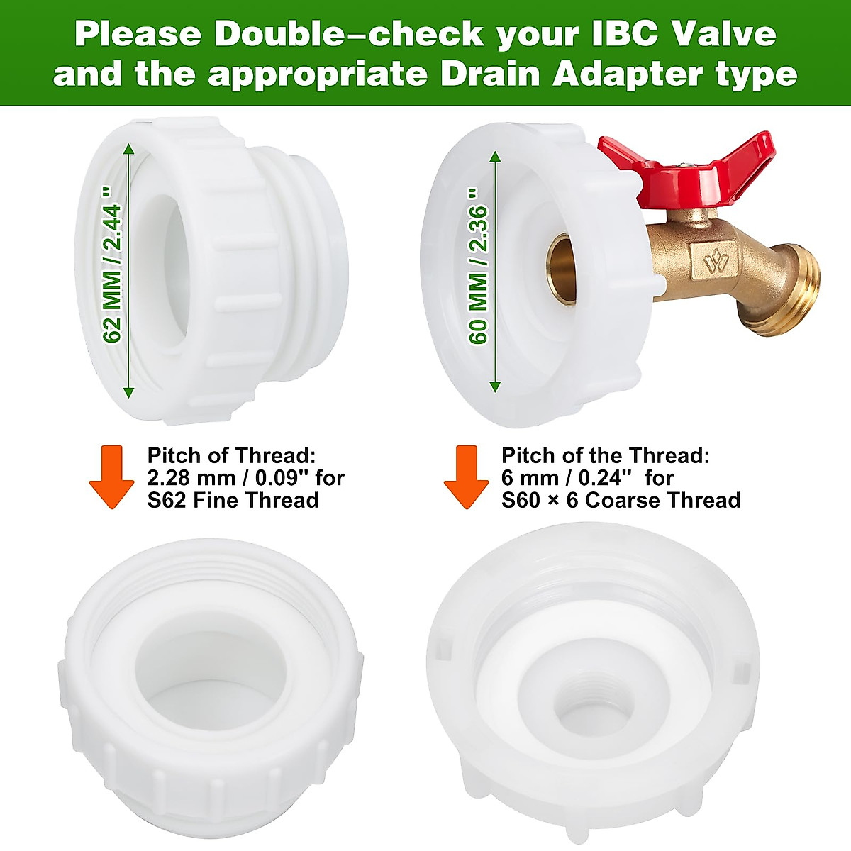 WADEO IBC Tote Adapter, 2.44" Fine Thread Adapter for 275-330 Gallon IBC Tote Tank, Brass Water Shut-Off Valve Faucet (1/2" Male NPT Inlet ×3/4" GHT Outlet) - with Garden Hose Quick Connector, White