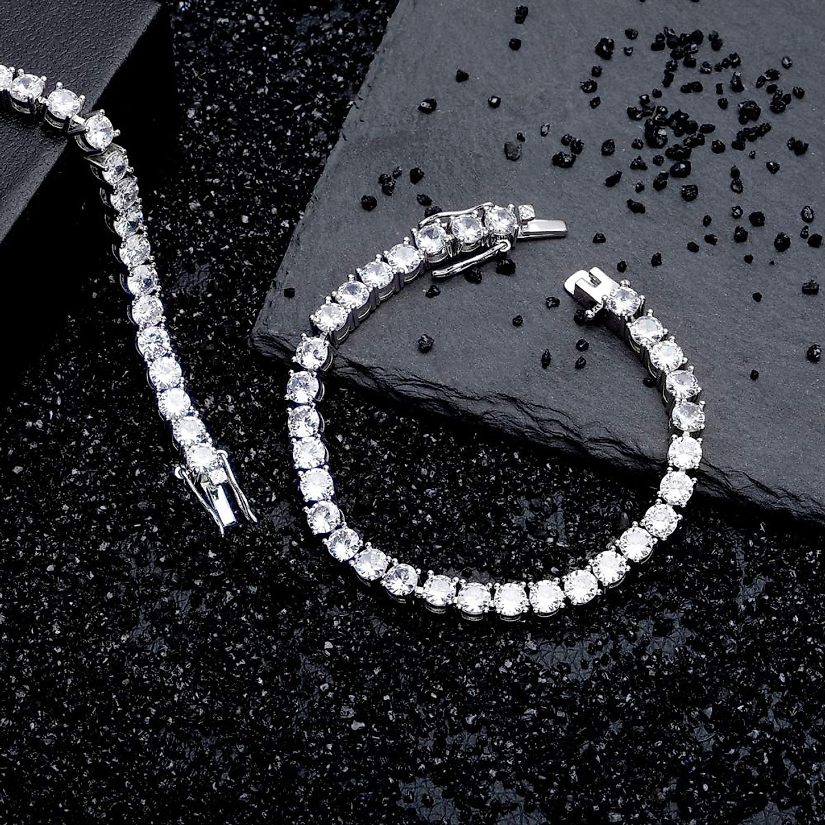 JINAO 1 Row AAA Gold Silver All Iced Out Tennis Bling Lab Simulated Diamond Bracelet (5mm Silver 8"