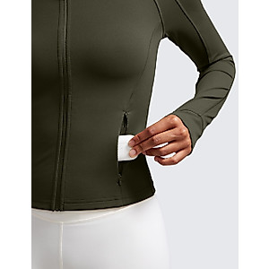 CRZ YOGA Butterluxe Womens Cropped Slim Fit Workout Jackets - Weightless Track Athletic Full Zip Jacket with Thumb Holes Olive Green Medium