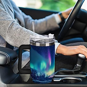 Northern Lights Tumbler with Handle Travel Mug Water Bottle Tea Coffee Cup Black-style