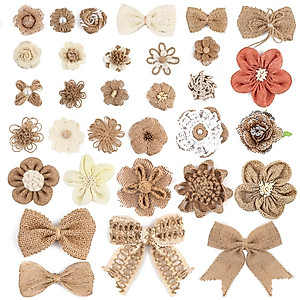 VGOODALL 32 PCS Natural Burlap Flowers Set,Burlap Lace Flowers Bowknot,for Wedding Party Decor Home,Embellishment DIY Crafts