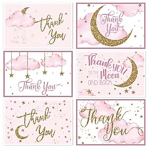 Whaline 36 Pack Pink Baby Shower Thank You Cards with Envelopes Matching Seal Stickers Glitter Starry Twinkle Moon Blank Note Cards for Birthday Supplies