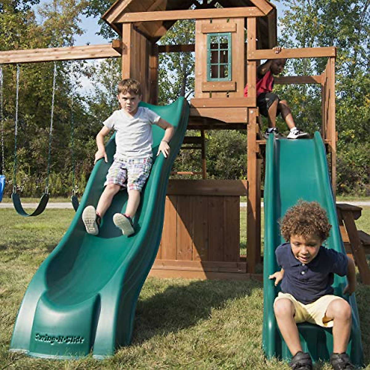 Swing-N-Slide WS 8353 Knightsbridge Deluxe Wooden Swing Set with Two Slides, Climbing Wall, Swings, Glider & Picnic Table, Wood