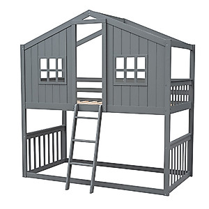 Harper & Bright Designs House Bunk Bed Twin Over Twin Kids Bunk Bed Wood Frame for Girls Boys, Roof Design (Twin Size, Gray)