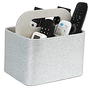 HofferRuffer Faux Leather Basket Tote Bin Caddy, Remote Control Holder, Portable Skincare Makeup Storage Organizer Caddy Tote with Handle, 7.3 x 5.5 x 6.7 inches (Silver)
