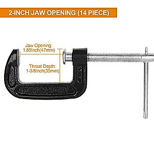C-Clamp 2 Inch 14 Pieces G Clamp Set for Woodworking, Welding, and Building, 2 Inch Jaw Opening, Throat Depth 1-3/8 Inch
