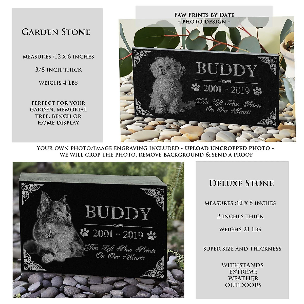 You Left Paw Prints on Our Hearts Pet Memorial Stones Personalized Headstone Grave Marker Absolute Black Granite Garden Plaque Engraved with Dog Cat Name Dates
