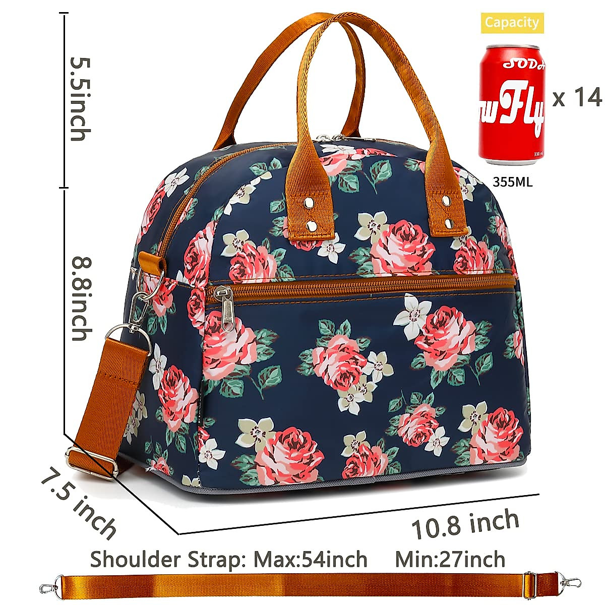 FlowFly Insulated Lunch Bag With Shoulder Strap for Women, Men, and Kids, Large and Reusable, Handle, Freezable Work and School Travel Tote and Meal Prep Organizer,Peony