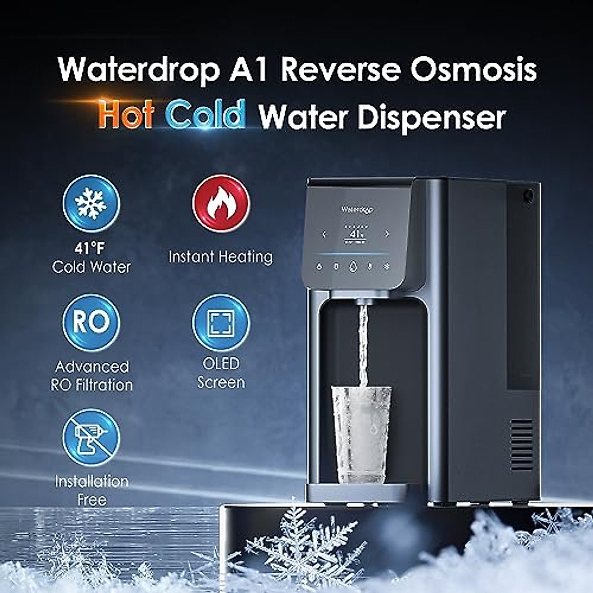 [Hot and Cold] Waterdrop WD-A1 Countertop Reverse Osmosis System, NSF/ANSI 58 Standard, Bottleless Water Cooler, 6 Temperature Settings Hot Cold & Room Water Dispenser, 2:1 Pure to Drain