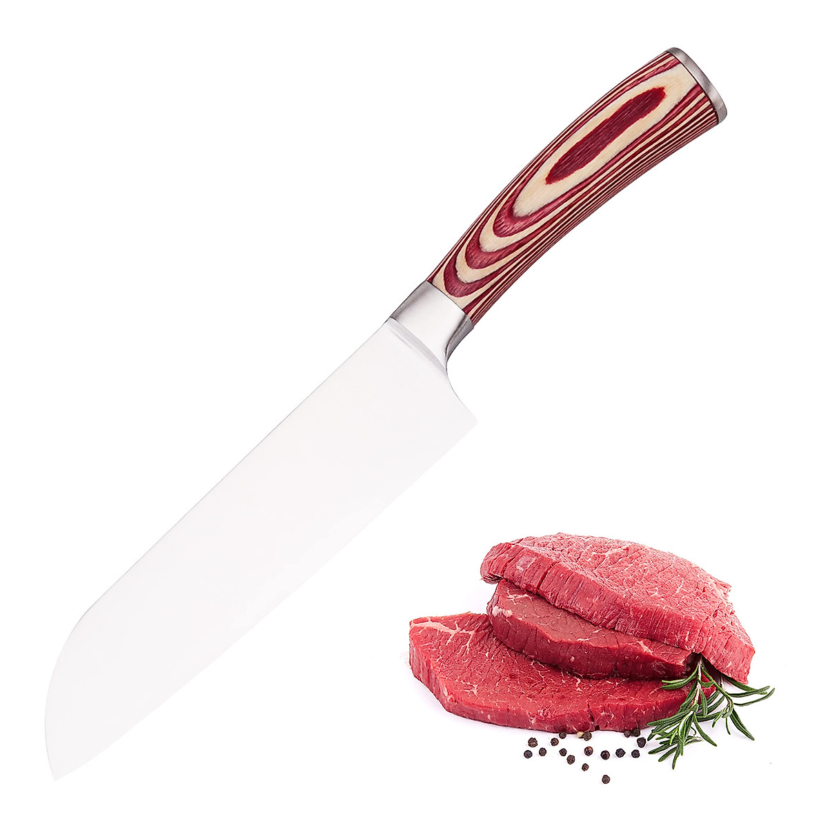 LUVCOSY Santoku Knife, 7 Inch Japanese Chef Knife with Ergonomic Pakkawood Handle, Stainless Steel Cooking Knife with Gift Box, Razor Sharp Home Kitchen Knife for Cutting Meat/Vegetables/Fruits/Bread