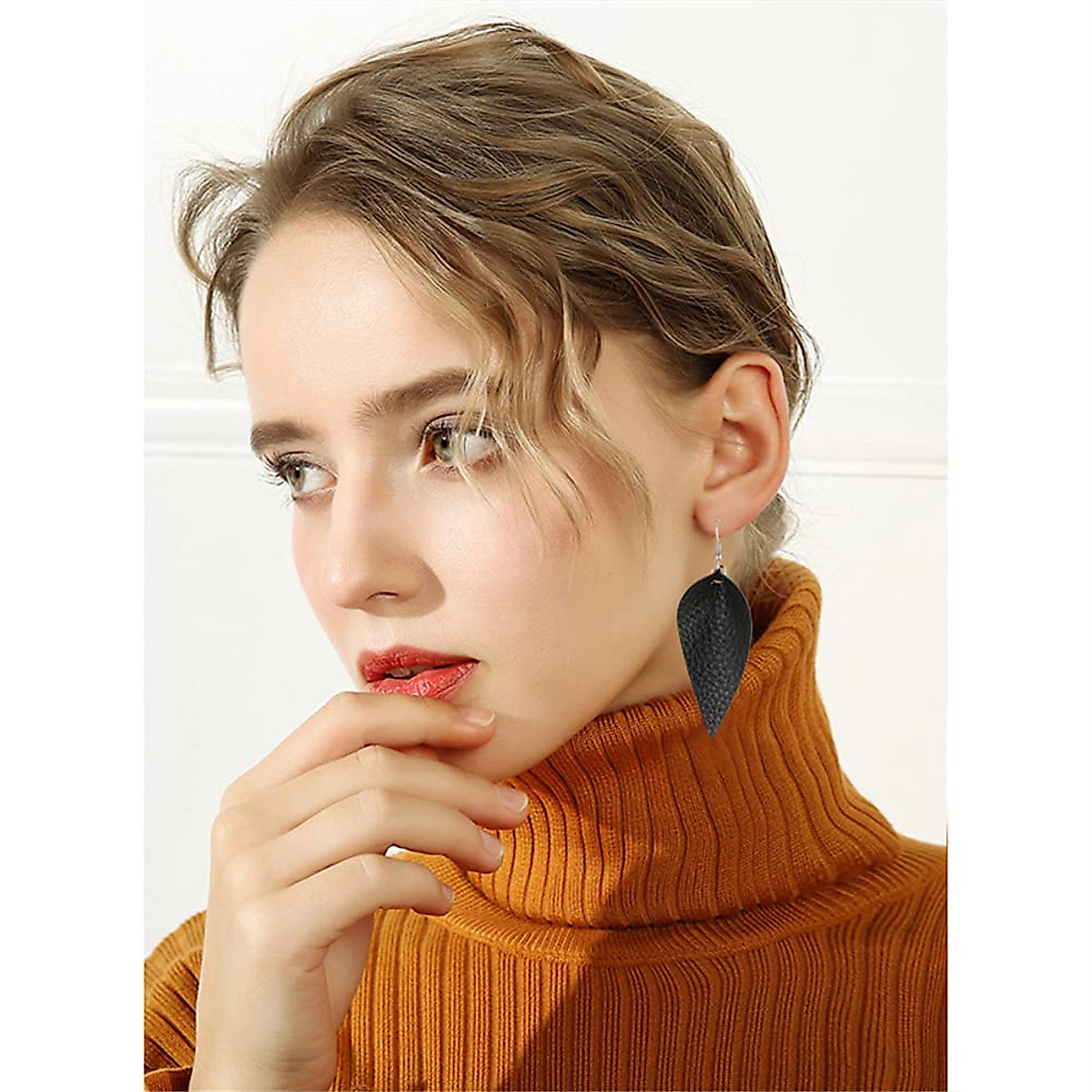 CHUNYANAN Boho Elegant Lightweight Black Genuine Real Leather Geometric Dangle Drop Earrings for Women Petal Leaf Feather Teardrop Earrings Jewelry Gift (Black Genuine Real Leather)