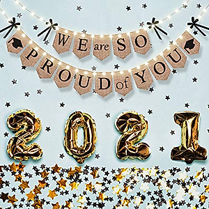 2023 Graduation Banner, We are So Proud of You Burlap Banner with 8 Modes LED String Lights, Lighting Wall Hanging Garland Bunting Flags Sign for Grad Party