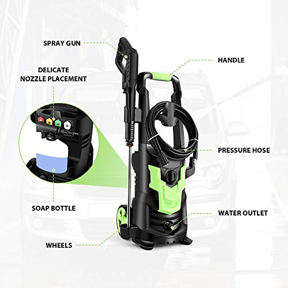 WHOLESUN 2150PSI + 1.71GPM Pressure Washer, 1900W Electric High Power Washer, Powerful Cleaner Machine, Self Assembled, Rotatable Iron Spray Lance for Patio, Garden, Car Cleaning(Green)