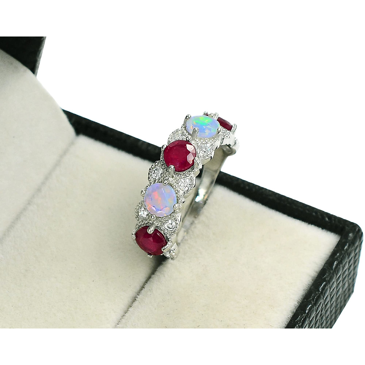 October Birthstone Natural Red Ruby Cut Opal Gemstone 925 Sterling Silver Cluster Proposal Ring Wedding Jewelry Bridal Ring Birthday Gift For Wife (Yellow Gold Rhodium Plated Silver, 8.5)
