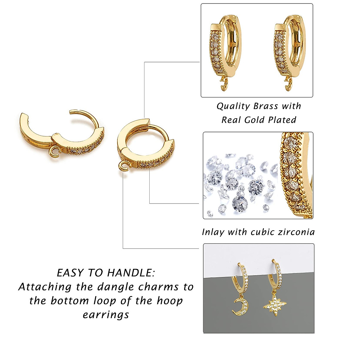 Pandahall 10pcs Real Gold Plated Cubic Zirconia Hoop Earrings Round Lever Back Earring Components Findings for Women Gifts Jewelry Making DIY Crafts 15x2.5x13.5mm