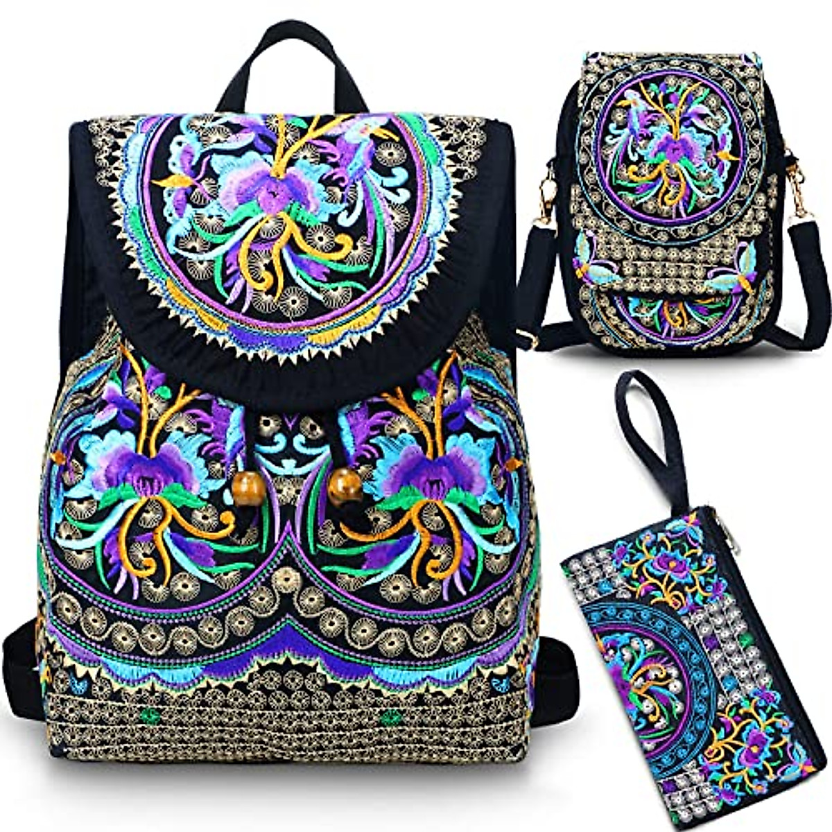 3 Pcs Women Vintage Embroidery Ethnic Handmade Backpack Flower Crossbody Bag Purse Travel Shoulder Bag(Purple Rose)