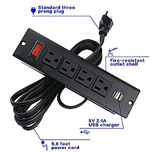 VILONG Recessed Power Strip with USB, Black Desktop Power Grommet, 1440 J 4-Outlets with Standard Plug 9.8 ft Power Cord Conference Office Home Kitchen (Black)
