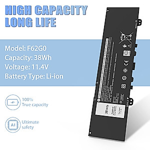 New 38Wh F62GO Battery Compatible with Dell Inspiron 13 7000 7373 7386 2-in-1 7370 7380 5370 P83G P87G P91G P83G001 P83G002 P91G001 P87G001 Vostro 13 5370 Series 39DY5 039DY5 RPJC3 0RPJC3 11.4V