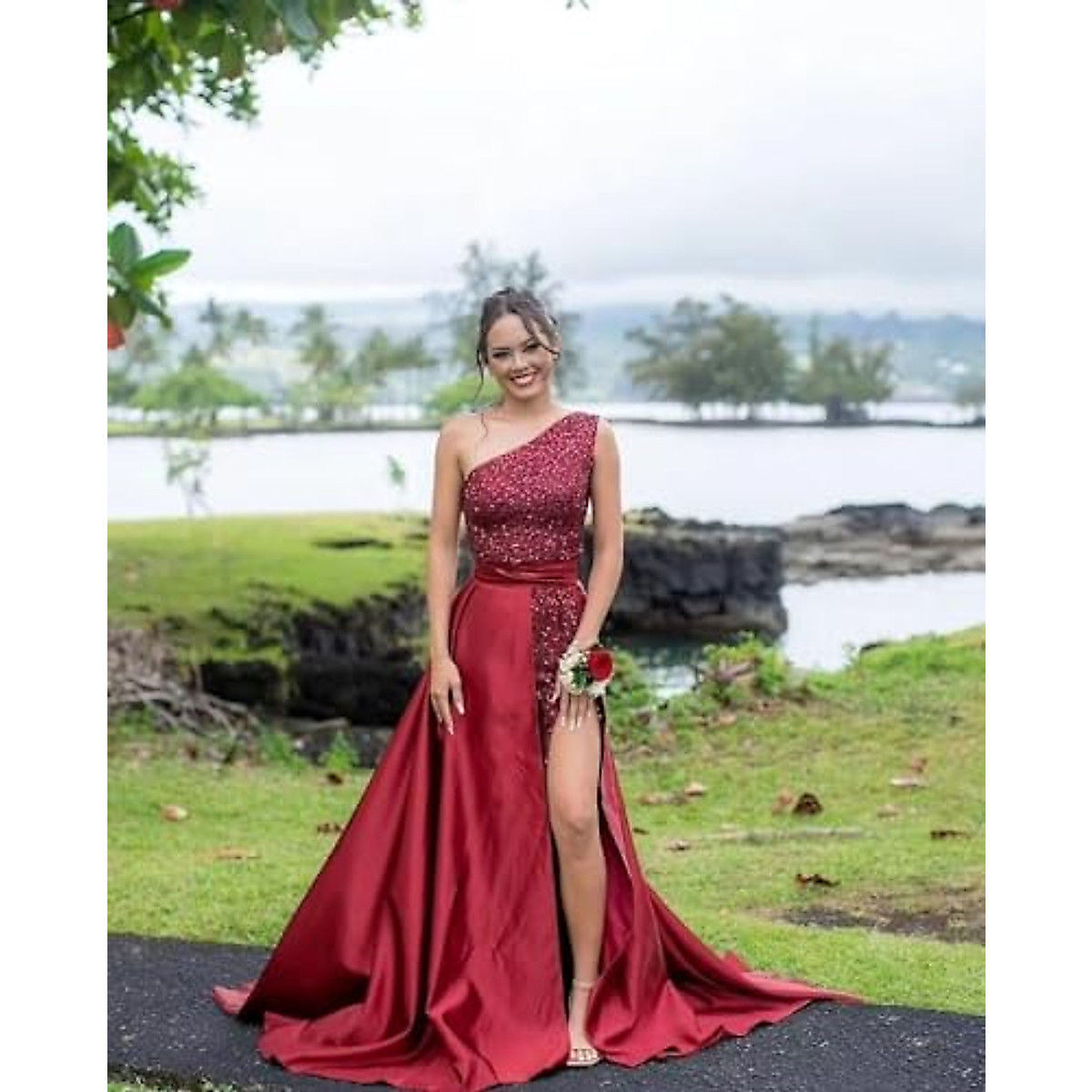 One Shoulder Sequin Prom Dresses Long Satin Ball Gowns for Women Sparkly Mermaid Formal Evening Dress with Slit Hot Pink (US20)