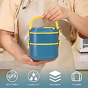 Stackable Lunch Container for Adults with 45oz Stainless Steel Salad Container for Lunch Bento Box, Leak-Proof Durable All-in-One Lunch Box Built In Divider, Spoon, Dressing Container (Blue)