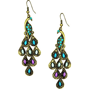 Forbidden Body Jewelry Vintage Peacock Earrings, Feather Earrings, Feather Earrings for Women, Blue Epoxy Crystal Feather Dangle Statement Earrings (Gold Tone)