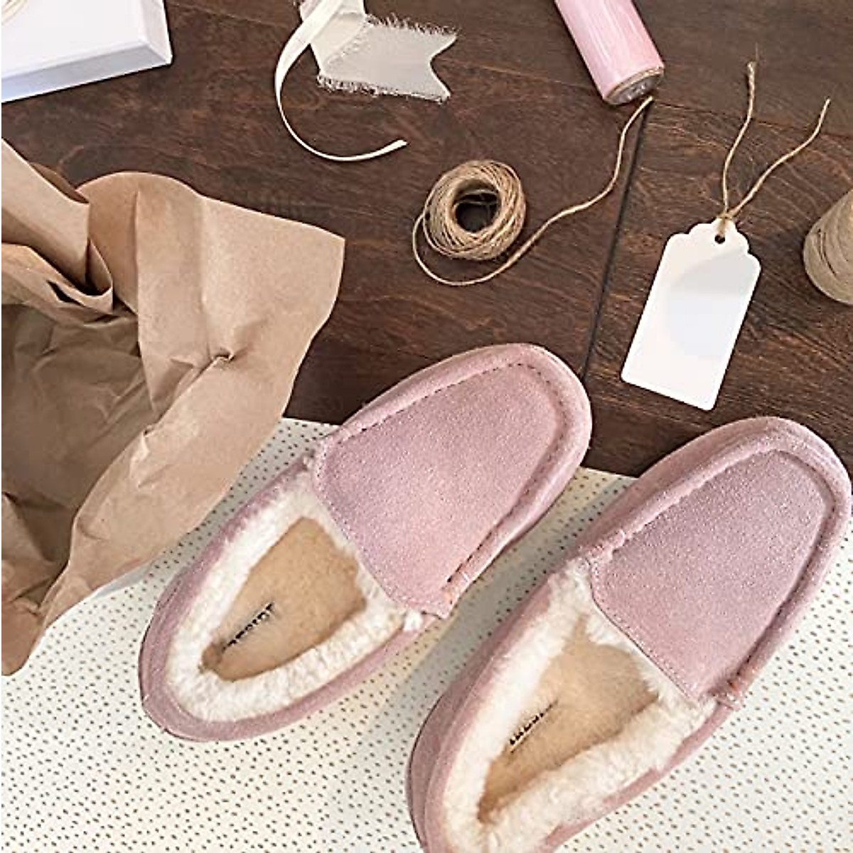 Dearfoams womens Fireside Mel Genuine Shearling Indoor/Outdoor Moccasin With Wide Widths Slipper, Dusty Pink, 9 US