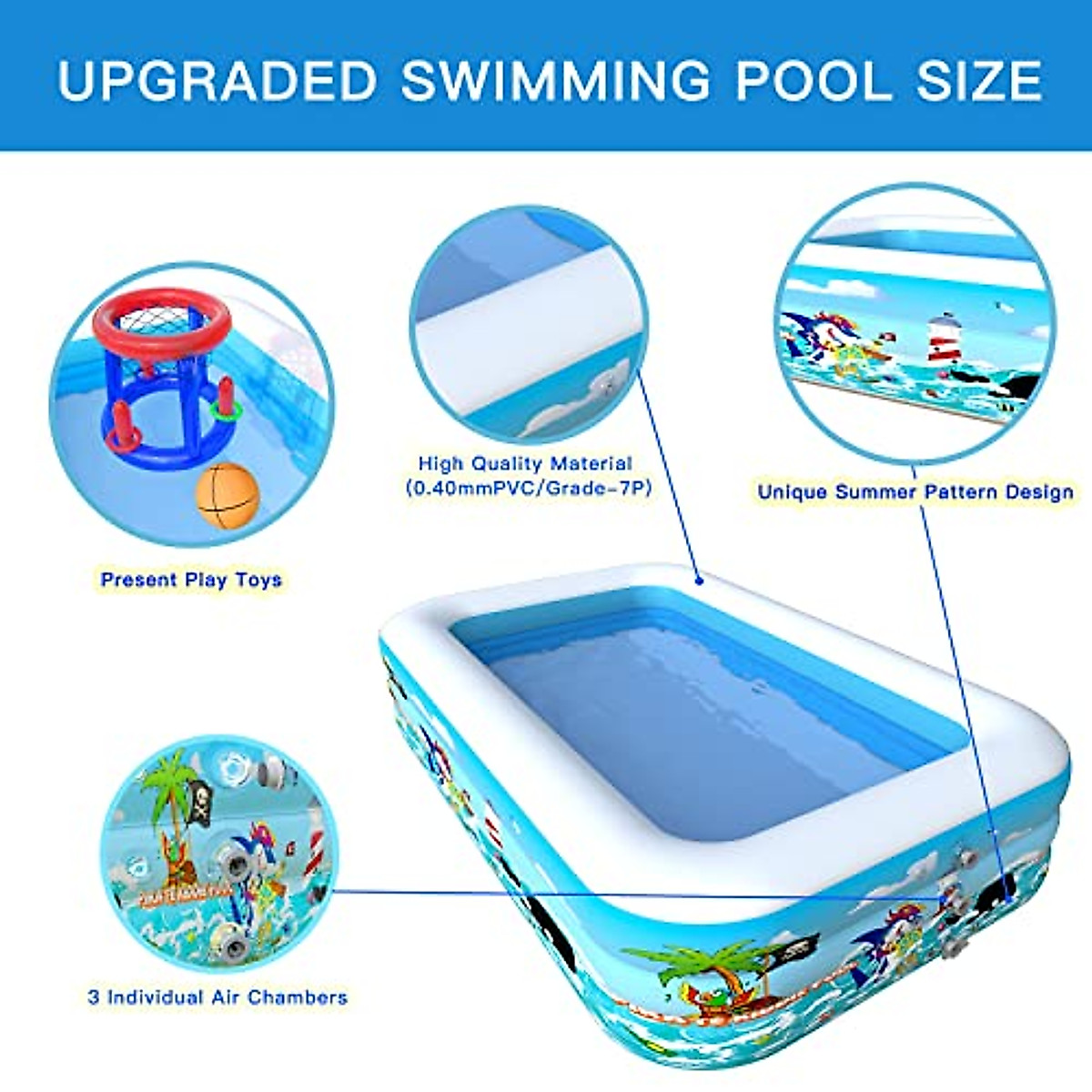 Inflatable Pool, Inflatable Pool for Kids and Adults, 120" X 72" X 22" Oversized Thickened Family Swimming Pool for Kids, Garden, Backyard, Summer Water Party, Contains Inflatable Basketball (Stand)