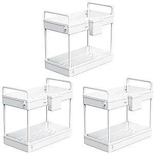 SOLEJAZZ Under Sink Organizer and Storage, 2 Tier Under Cabinet Basket Organizer, Multi-purpose Under Sink Storage Shelf for Bathroom Kitchen, Cabinet Storage with Hooks and Hanging Cups, White,3 Pack