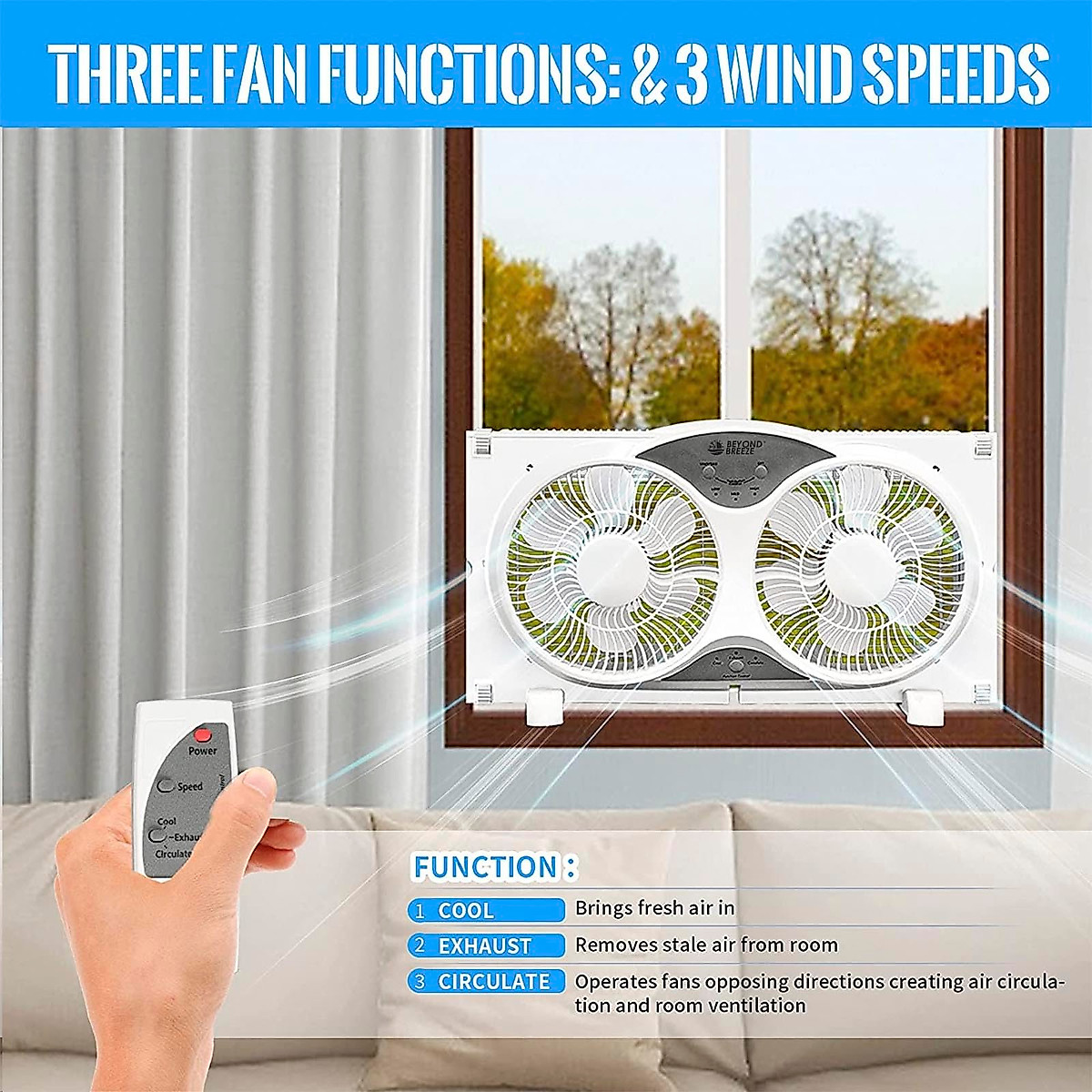 BEYOND BREEZE 9" Blades Twin Window Fan, 3-Speed 3-Function Expandable Dual Window Fan with Reversible Airflow Blades and Remote Control for Kitchen, Home, Bathroom, Width Adjustable