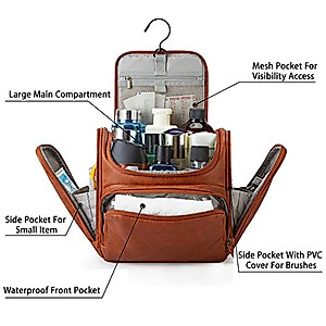 BAGSMART Hanging Toiletry Bag, Water-resistant Leather Dopp Kit, Large Travel Organizer for Full Sized Container, Brown