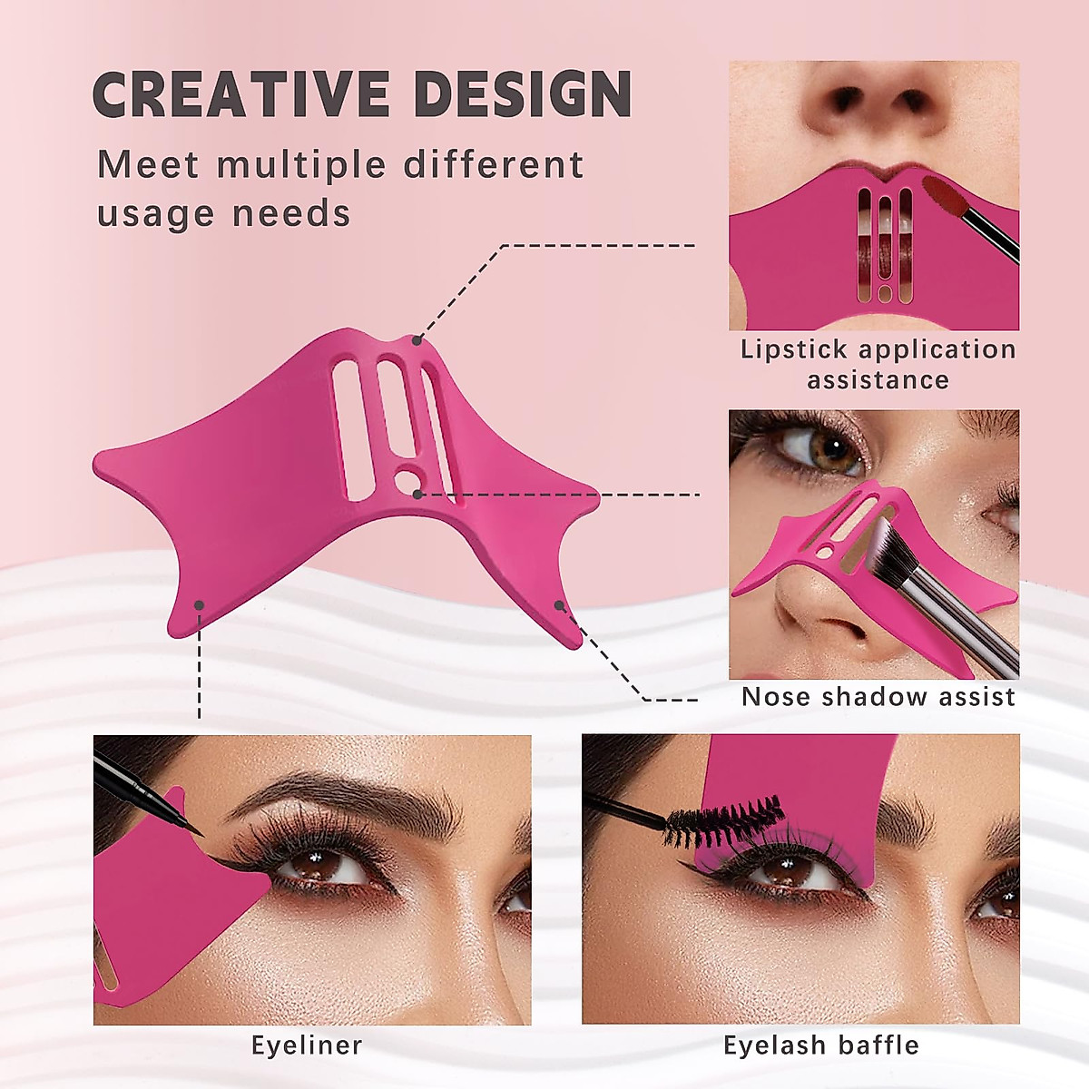 HOSAILY Nose Contour Eyeliner Stencils, 4 in 1 Silicone Multifunctional Eye Makeup Aids Tool for Nose Shadow Highlighter/Winged Eyeliner/Lip Line/Eyelash, Beginners Friendly Applicator Guide Tool-Rose