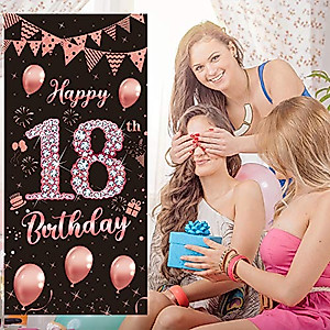 Lnlofen 18th Birthday Door Banner Decorations for Girls, Large 18 Year Old Birthday Party Door Cover Backdrop Supplies, Happy Eighteen Birthday Poster Sign(Rose Gold)