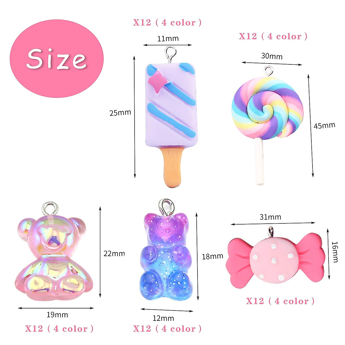 ZOCONE Colorful Candy Pendant Charm, 60 Pcs Mixed Cute Charms Set Contains Gummy Bear Charms Ice Cream Sweet Candy Pendants Lollipop Shape Polymer Clay Charms, Resin Charms for Jewelry Making