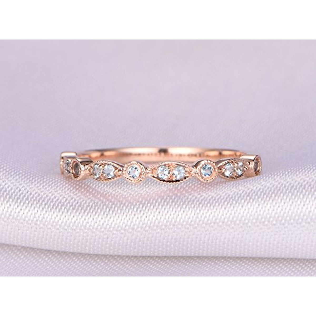 Blue Topaz Wedding Ring,Art Deco,14K Rose Gold,Anniversary Ring,Half Eternity,Milgrain,Matching Band