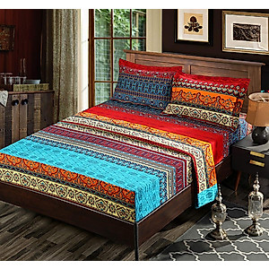 HNNSI Brushed Cotton Bohemian Duvet Cover and Fitted Sheet Sets Queen Size 4 Pieces, Bohemia Exotic Striped Bedding Sets, Boho Comforter Cover Sets,NO Comforter (Fitted Sheet Sets, Queen)